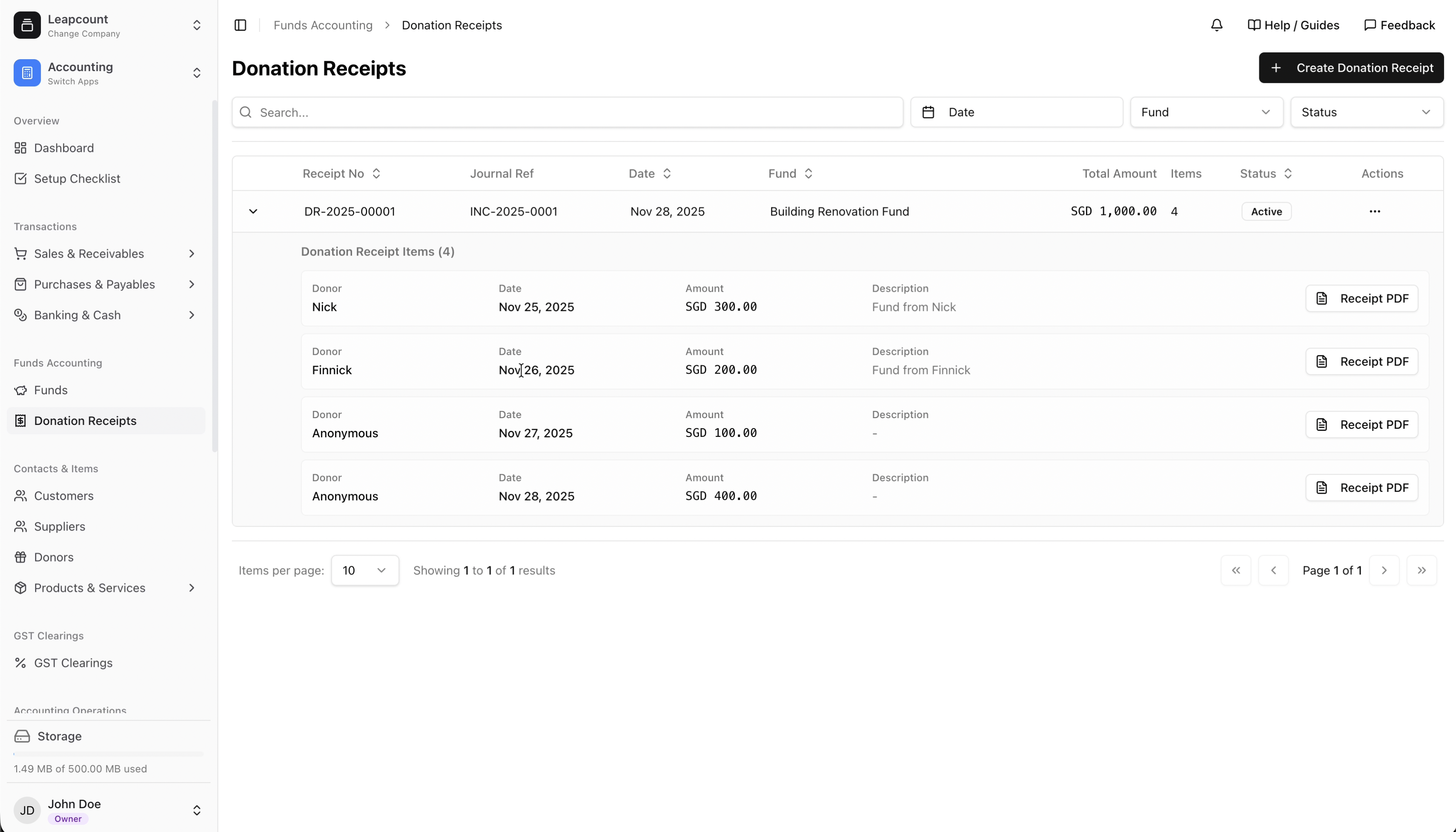 Recording Donations and Creating Receipts - LeapCount API Reference